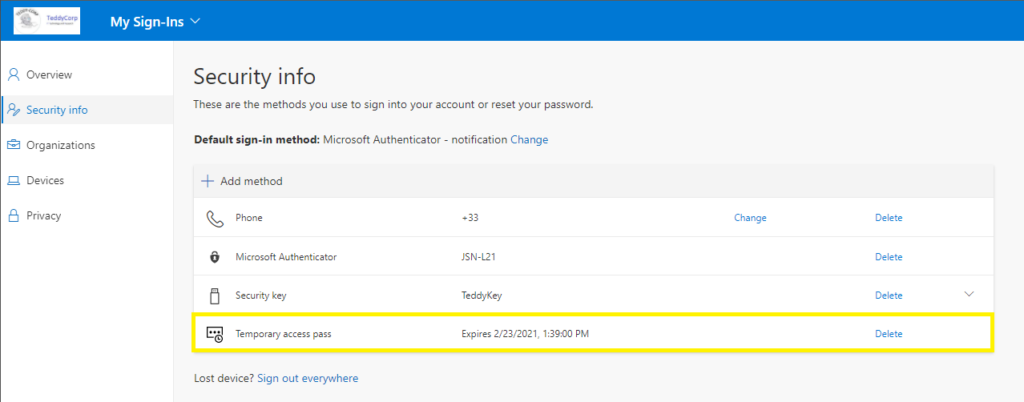 Azure AD - Authentification avec Temporary Access Pass (TAP) - TeddyCorp